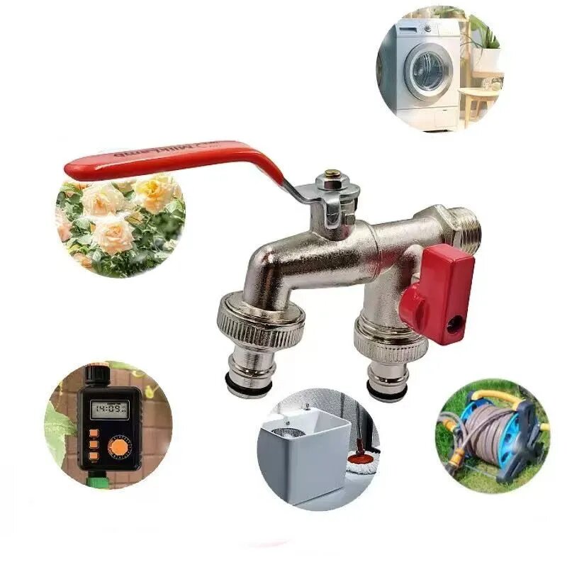 Двойной Кран водоразборный 1/2' дюйма - Садовый смеситель из цинкового сплава, выходное отверстие 2 * 3/4 дюйма(штуцер быстросъём)