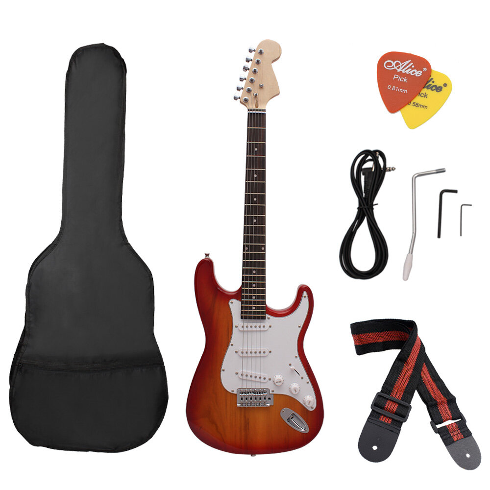 Электрогитара ST Style черного/сэндбёрстного/белого цвета с корпусом из басса, грифом из клена, накладкой из розового дерева, 6 струнами, системой моста Single Tremolo, 3 звукоснимателями Single Coil, переключателем 5 позиций, в комплекте с гитарным