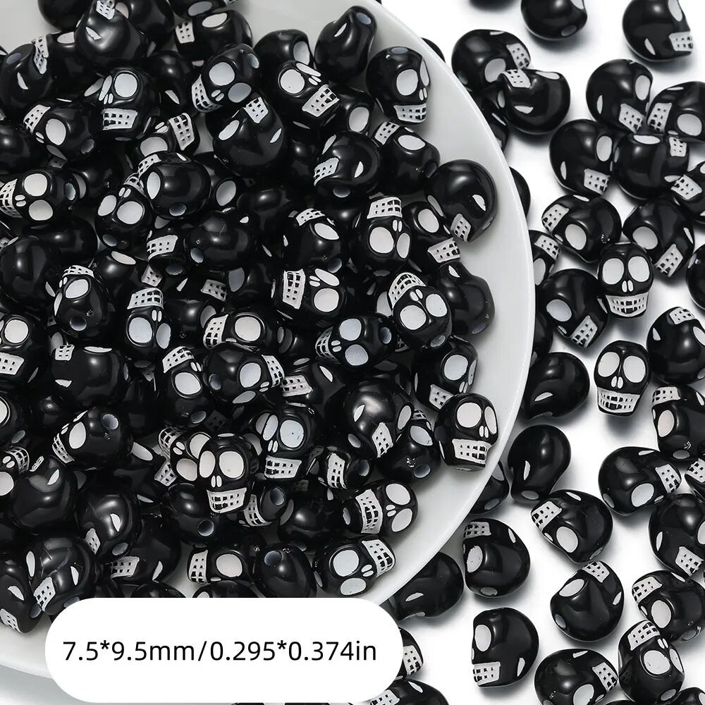 Декоративные бусины в виде черепа,7.5*8мм/100шт белый на черном