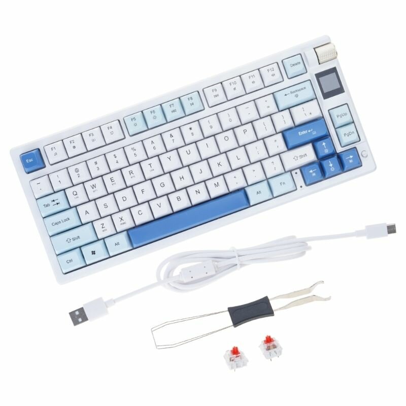 Совершенно новая 79-клавишная беспроводная / проводная трехрежимная механическая клавиатура RGB с цветным ЖК-экраном-синий