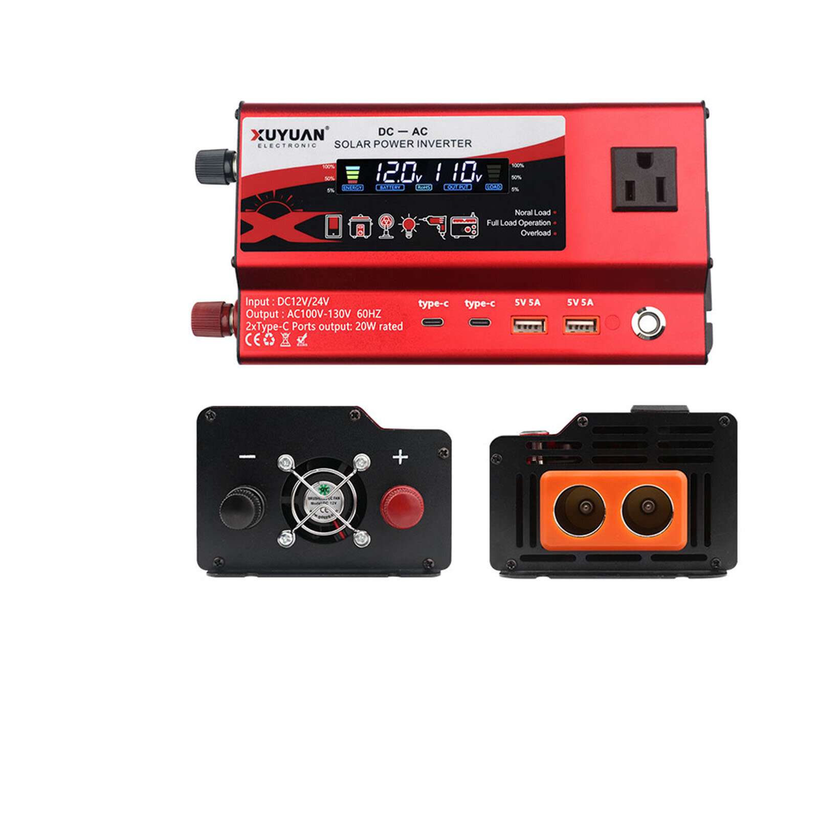 Автомобильный инвертор питания 1000 Вт 12 В 24 В с двумя портами USB Type-C, разъемом для прикуривателя, подсветкой салона, ЖК-дисплеем, для ноутбука, путешествий, вилкой стандарта США, красный.