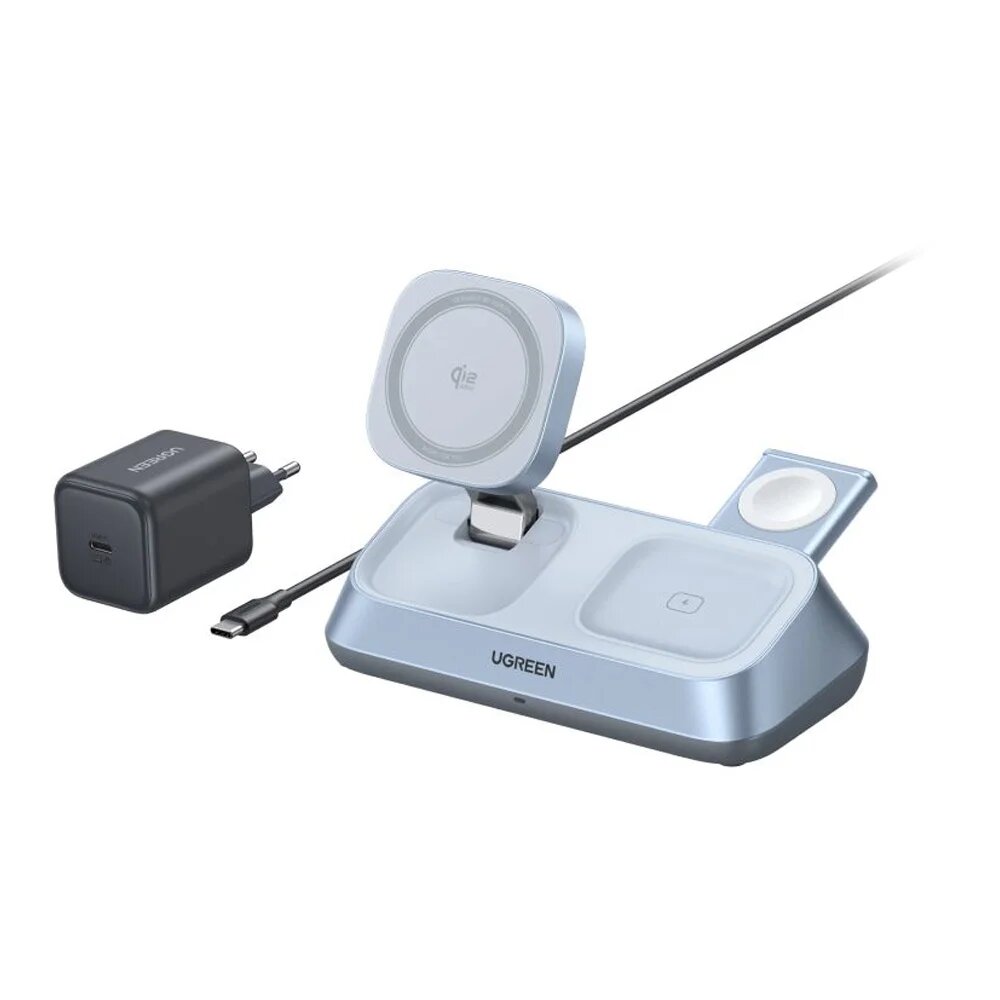 Зарядное устройство Ugreen W711 MagFlow Desktop 3in1 25W QI2.2 беспроводное, голубой, серебристый