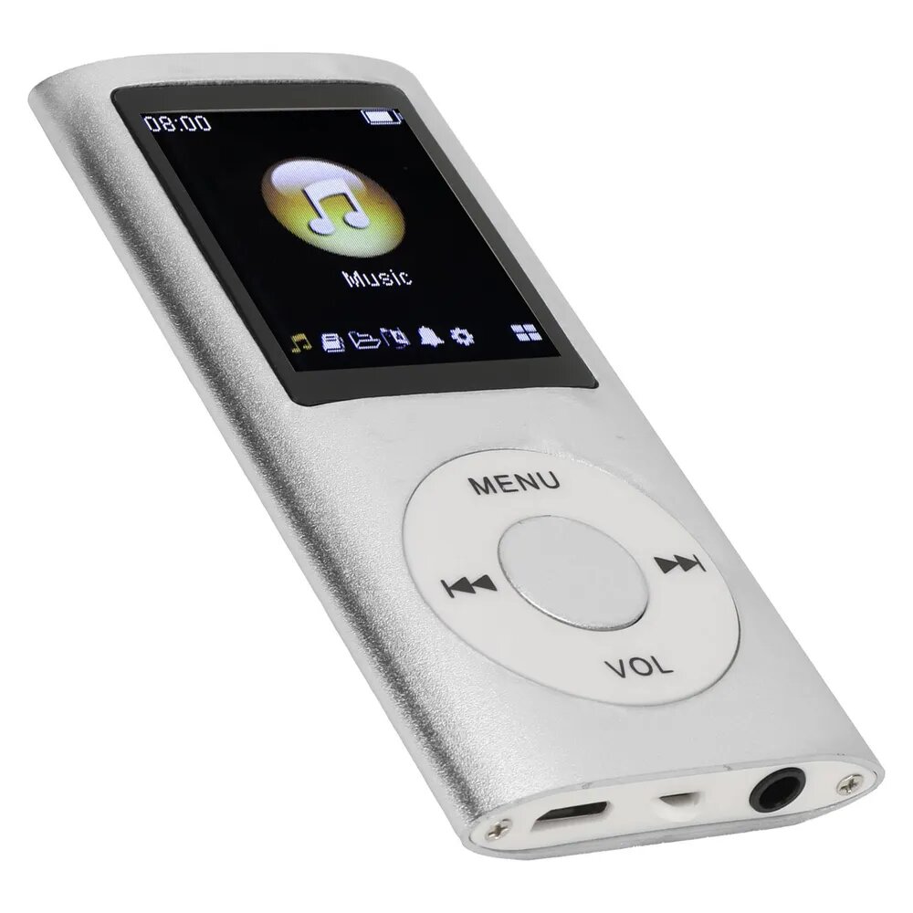 MP3-плеер с FM-тюнером, серебристый, поддержка FLAC, питание от Li-Pol аккумулятора, металлический корпус, цветной LCD экран, microUSB — фото 1