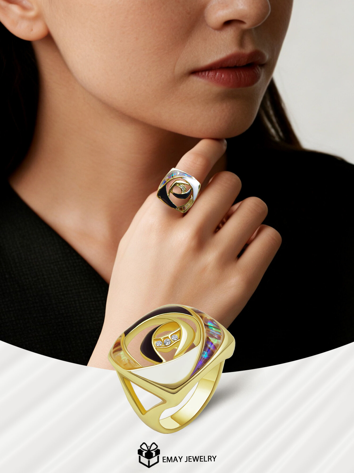 Кольцо Emay, гелиотис, перламутр, эмаль, искусственный камень