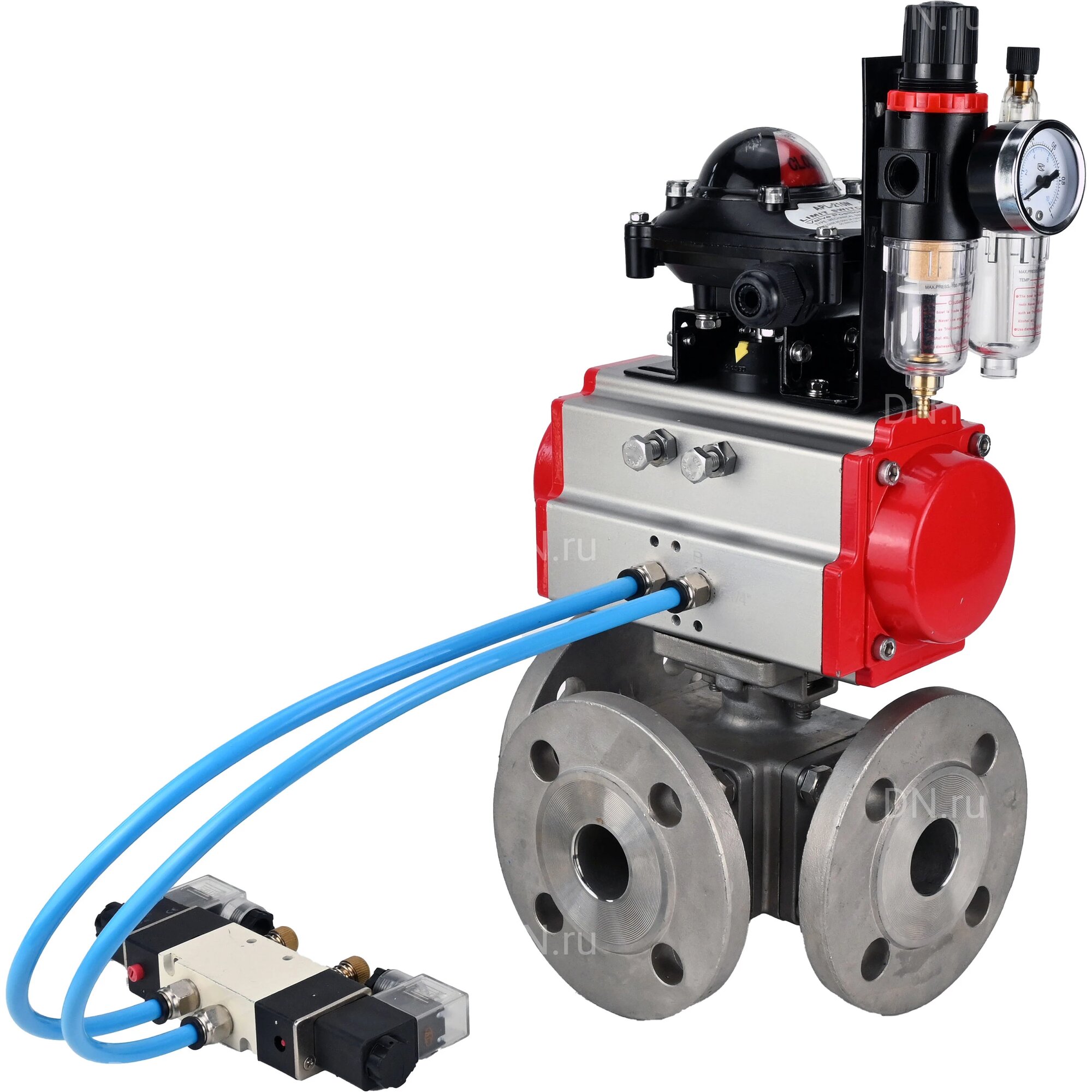 Кран шаровой DN.ru 316-316-PTFE Ду20 Ру16 полнопроходной, тип L, фланцевый, корпус нержавеющая сталь SS316, ISO-фланец F04/F05 квадрат 11х11, с пневмоприводом DA-052 двойного действия, пневмораспределителем PND1-S2EM-52-2-T08-220VAC 220В, БКВ LSB-210 и БПВ