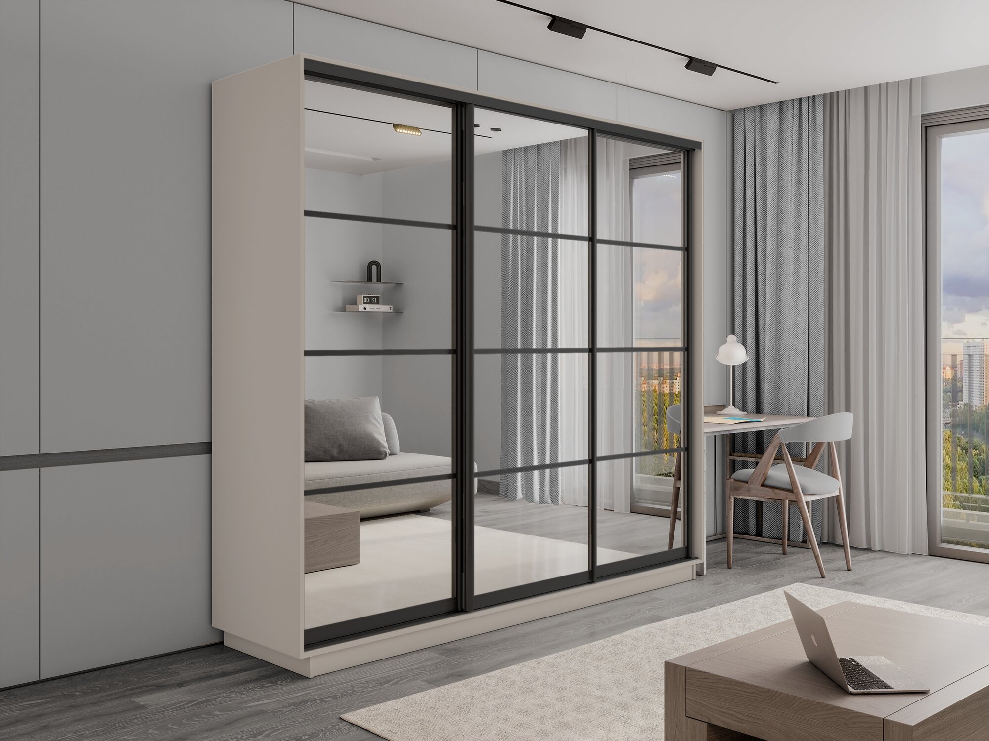 Шкаф-купе Вилли С4 3-х дверный, зеркальные двери, (черный профиль) 180х45х240 см. Кашемир