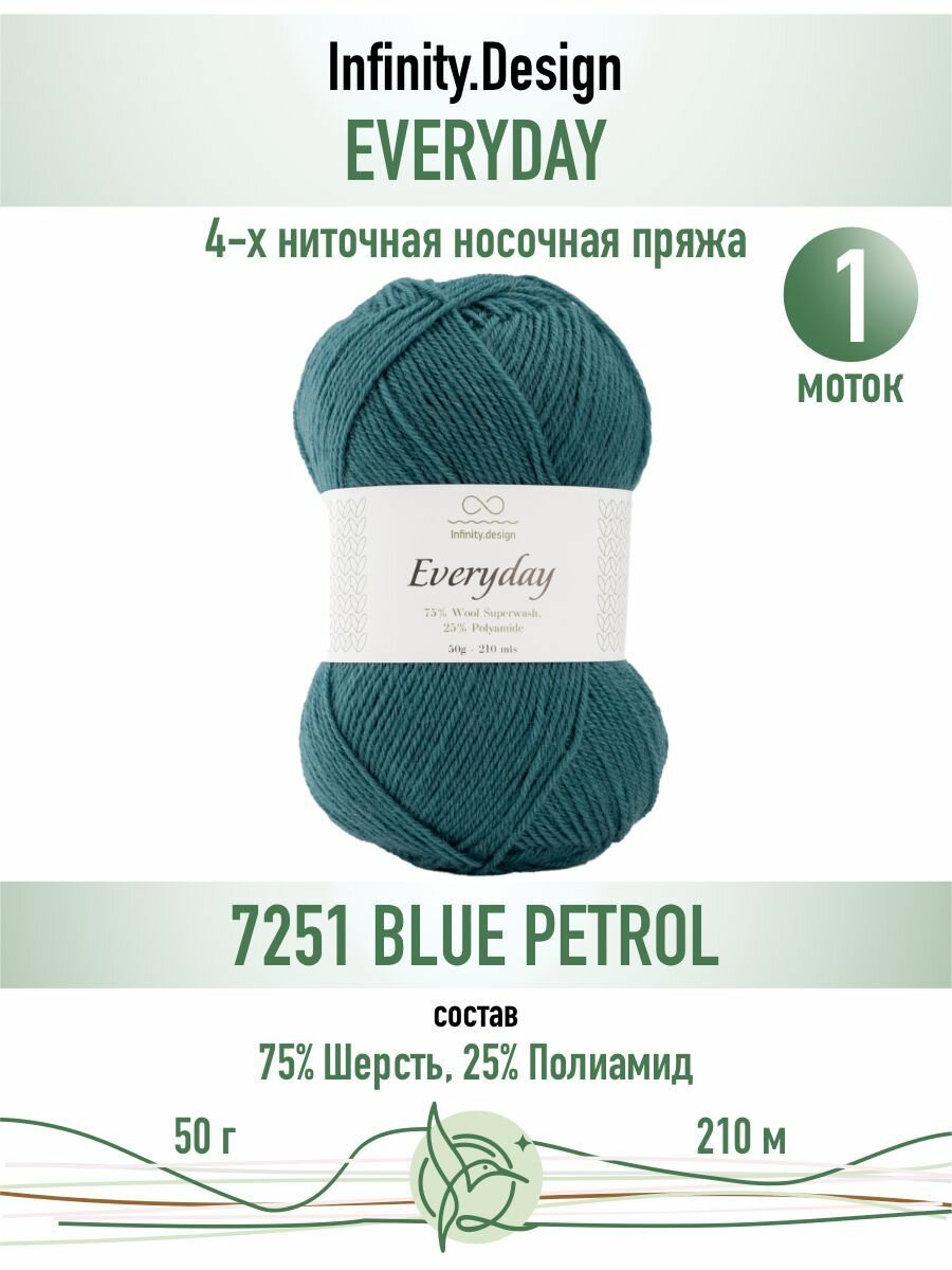 Носочная пряжа Infinity Design Everyday (7251 Blue Petrol) 1 моток 50 г/210 м