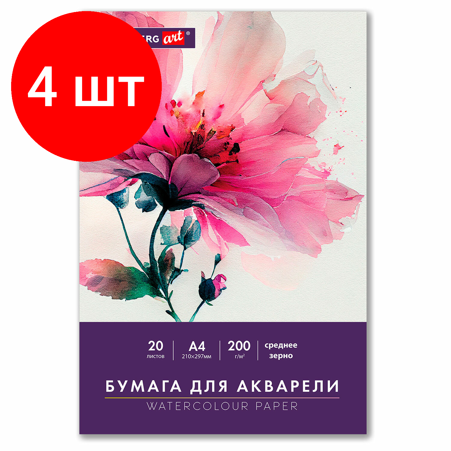 Комплект 4 шт, Бумага для акварели А4 в папке, 20 листов, 200 г/м2, среднее зерно, BRAUBERG ART CLASSIC, 116351