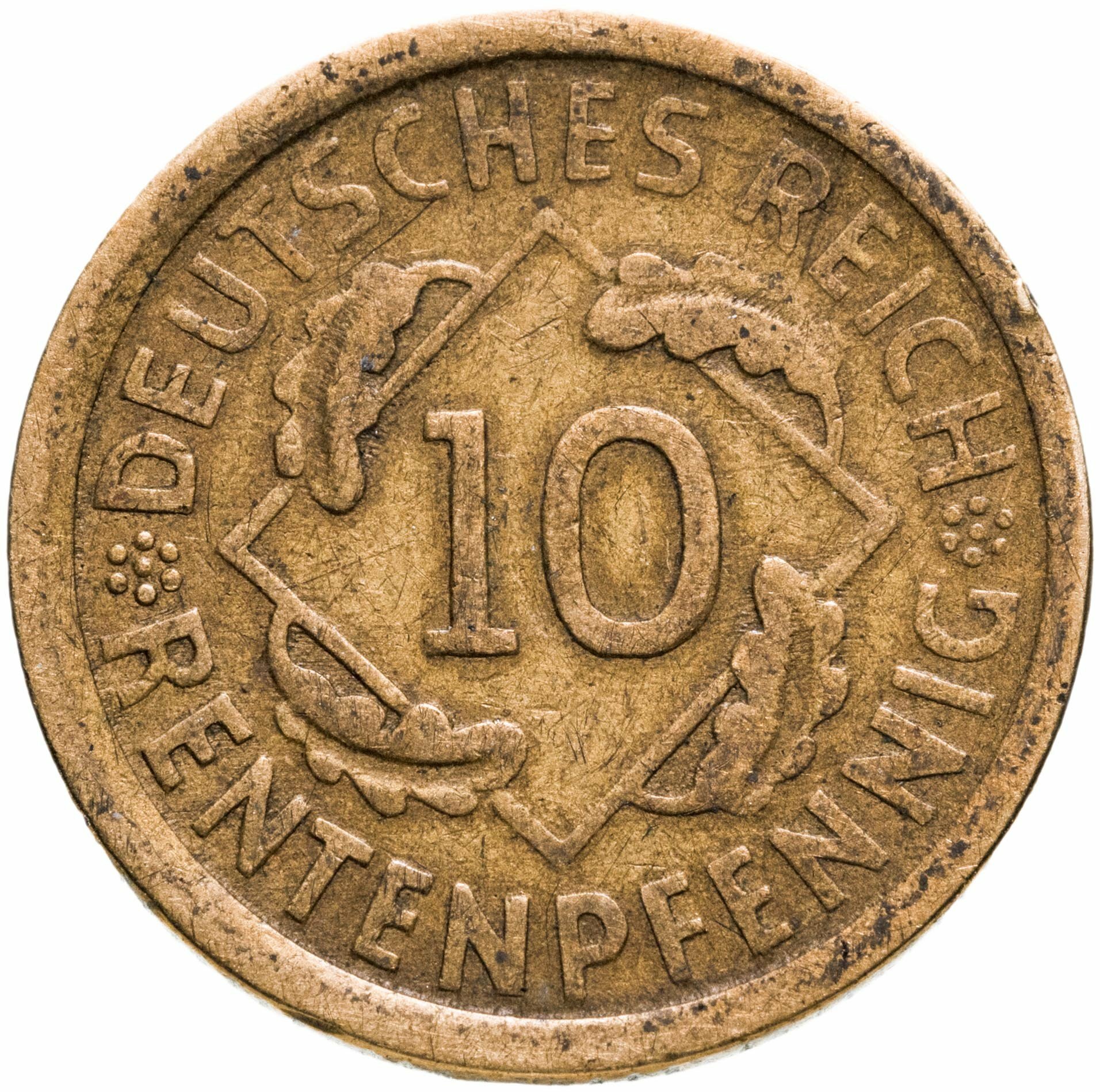 Германия 10 пфеннигов рентенпфеннигов, rentenpfennig 1924 знак монетного двора "A" — Берлин, Бронза, в сохранности VF