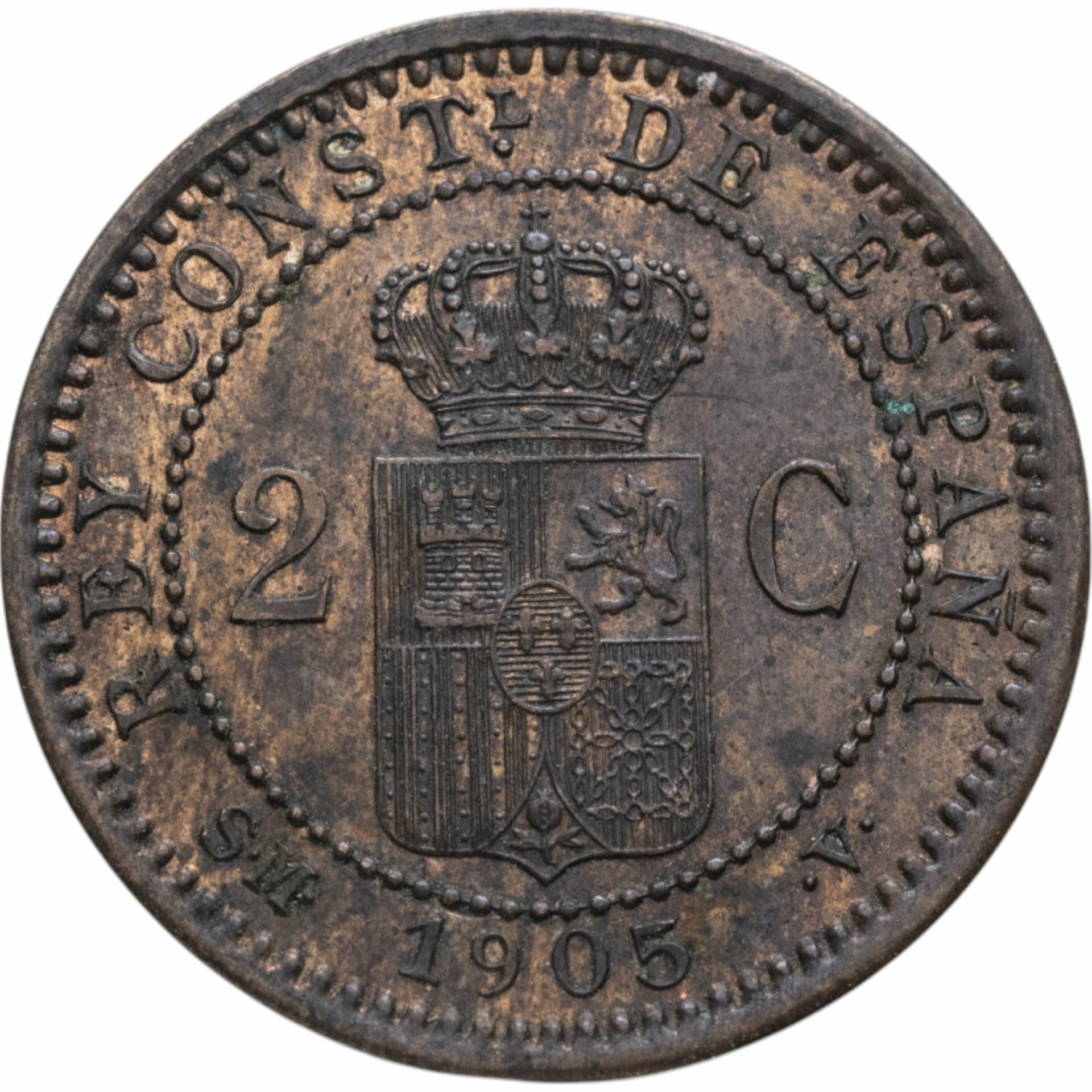 Испания 2 сентимо centimos 1905, Бронза, в сохранности AU-UNC