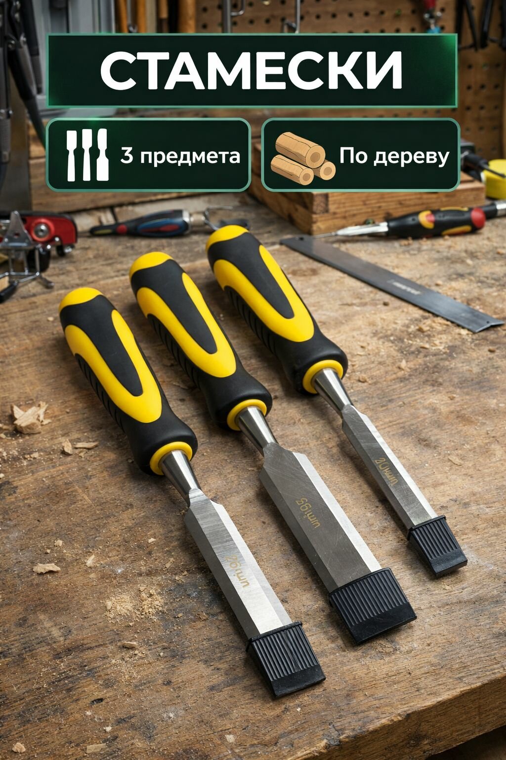 Стамески по дереву набор 3 предмета.