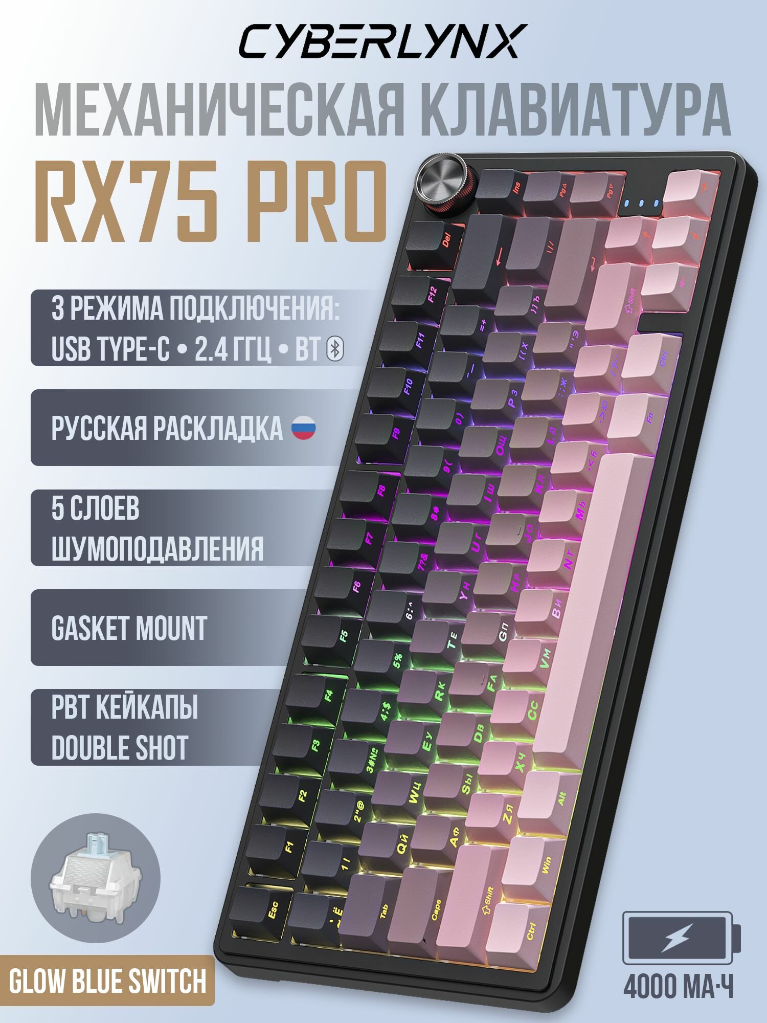 Механическая клавиатура CyberLynx RX75 Pro (Glow Blue Switch), беспроводная, игровая, черно-розовый градиент