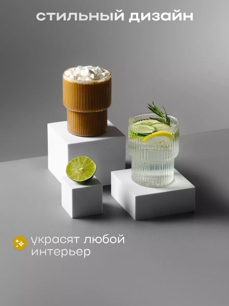 Набор стаканов Geo Home, рифленые, боросиликатное стекло, для воды, сока, коктейлей, 4 шт, прозрачные
