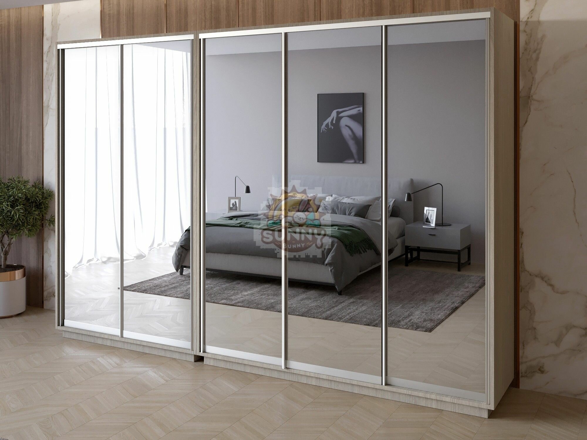 Шкаф-купе Вилли 5-ти дверный модульный (2+3) зеркальные двери, профиль серебро, 300х45х220 см. Ясень Шимо светлый