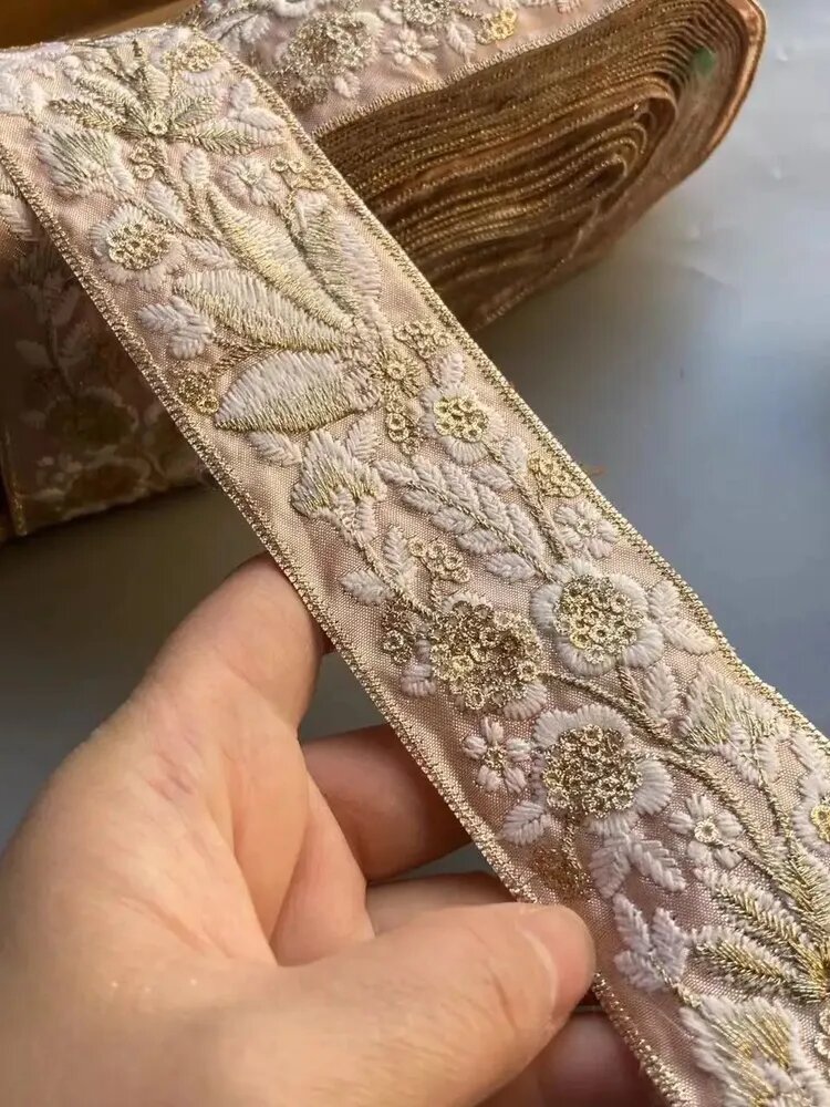 Тесьма лента трикотажная, 4.5 см, 2 метра Тесьма декоративная, с народным узором, для декора, рукоделия и творчества, бежевый