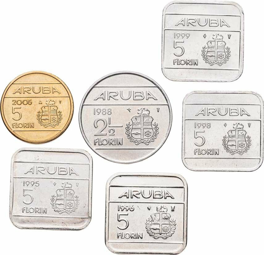 Аруба набор монет 2,5 и 5 флоринов 1988-2005 6 штук, Другой, в сохранности XF-UNC