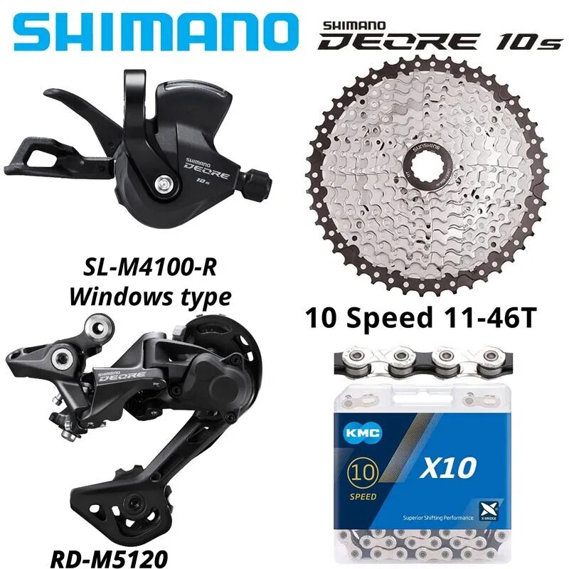 Shimano Deore M4100, группа 1x10, переключение SL-R/RD (С окном), кассета Sunshine 11-46T, цепь KMC X10, Комплект для переключения скоростей велосипеда (набор из 4 шт.)