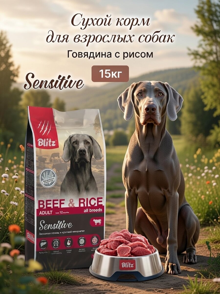 Сухой корм для собак Blitz Sensitive Adult Beef & Rice говядина и рис,15 кг