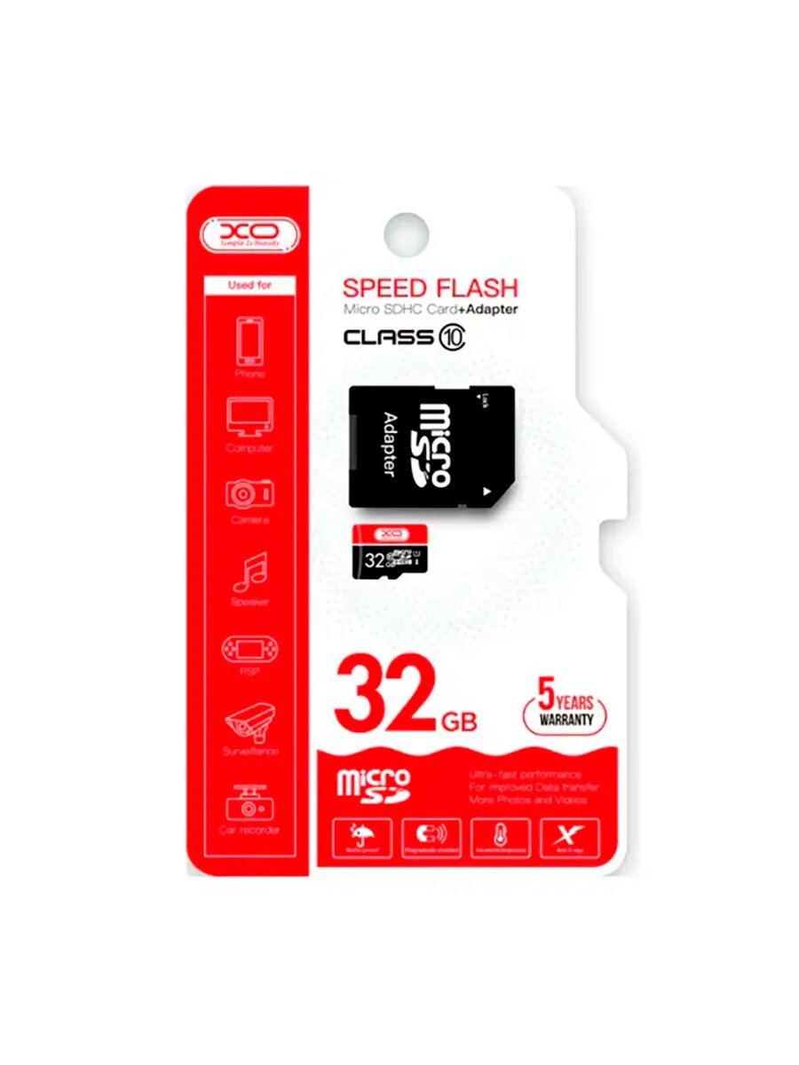 Карта памяти XO Micro SD (с адаптером), 32Gb (U1, класс 10) для фотоаппарта, видеорегистратора, камеры наблюдения