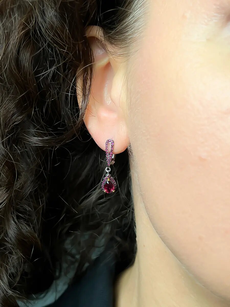 Серьги с подвесками, серебро, 925 проба, родирование, рубин