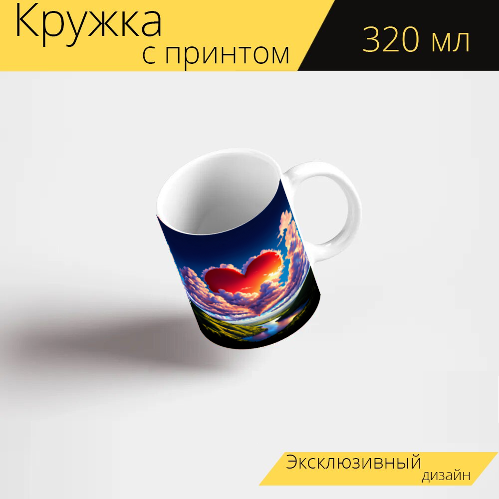 Кружка с рисунком, принтом "Сердце из облаков, парящее высоко в небе. облака принимают разные формы, отражая чувства и эмоции, плавно сливаясь друг с другом. яркие." 320 мл.