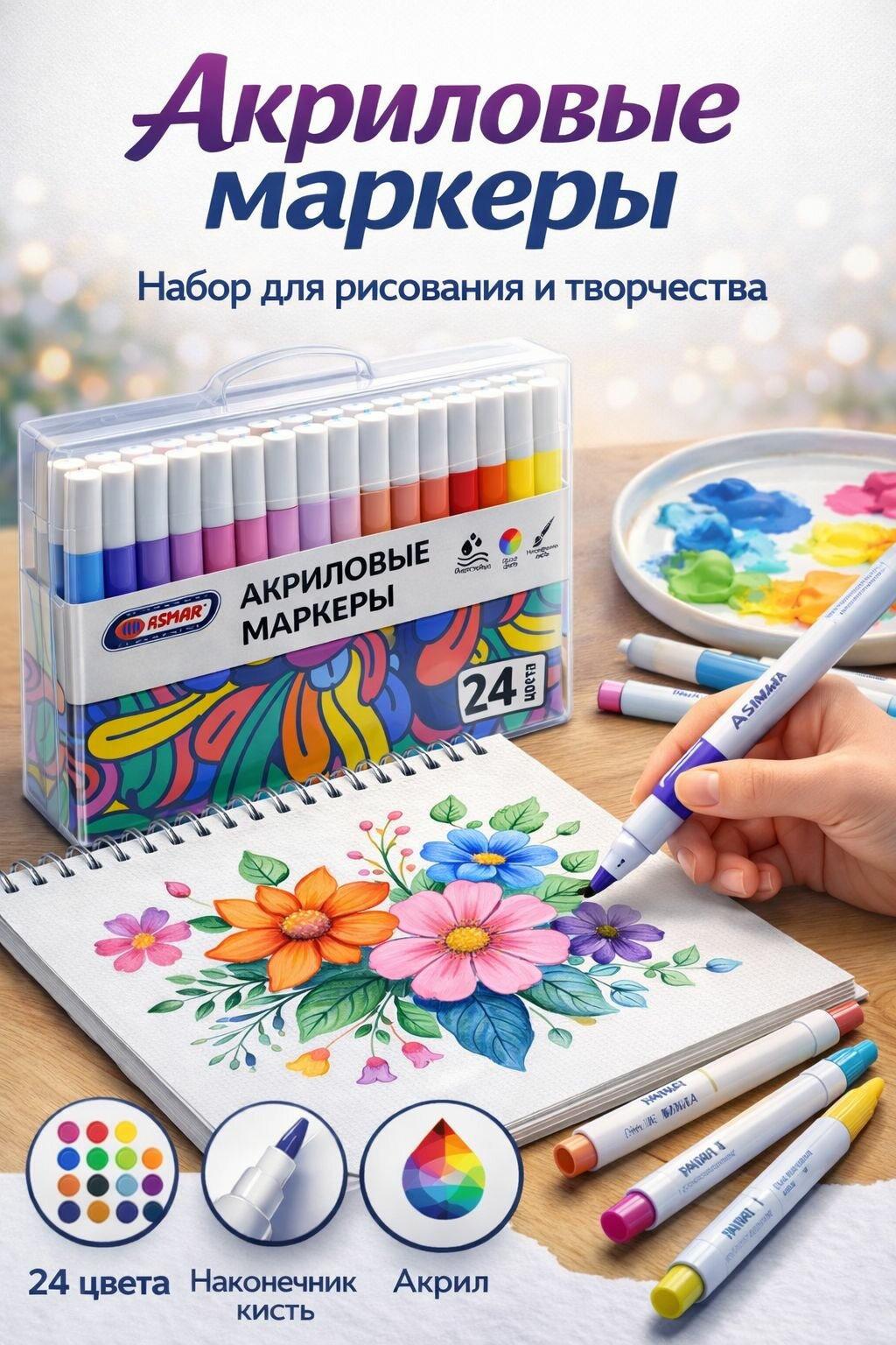 Акриловые маркеры ASMAR, 24 цвета, наконечник кисть
