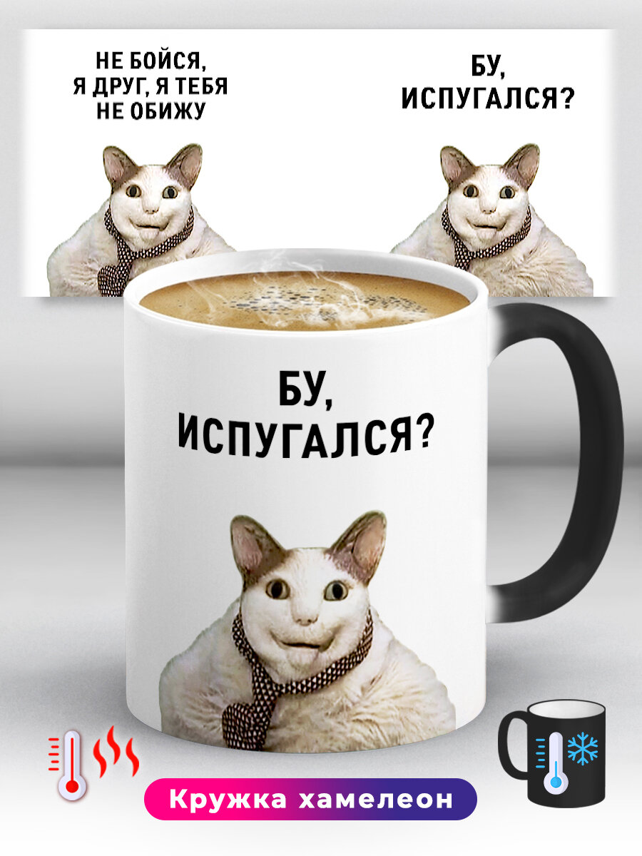 Кружка хамелеон с приколом мем котик Бу испугался не бойся