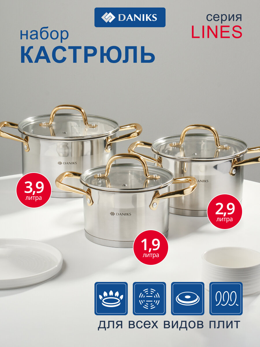 Набор кастрюль Daniks Лайнс из нержавеющей стали, 6 предметов, для индукционных плит, 2л, 3л, 4л, артикул SD-072-6