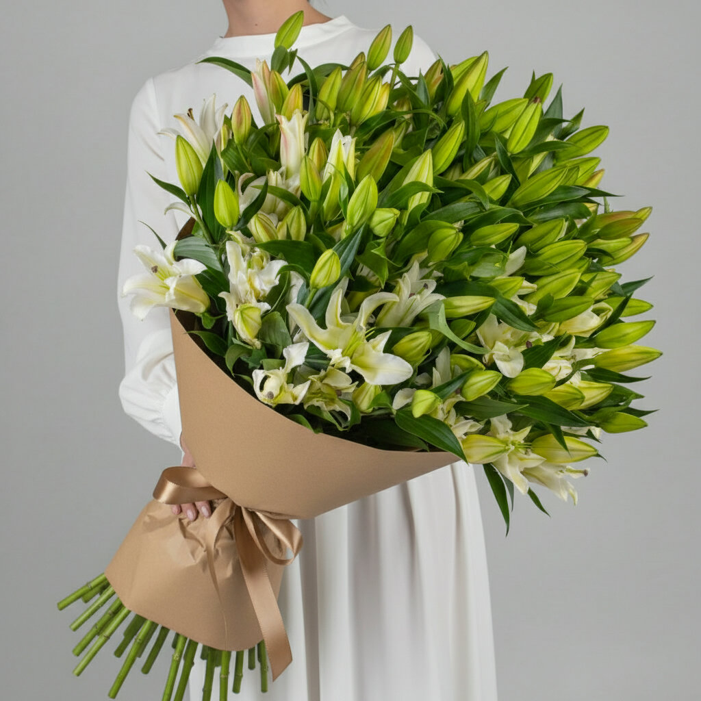 Букет Мегацвет24 "Восточные Лилии", 25 цветов, сборка под ленту, белые