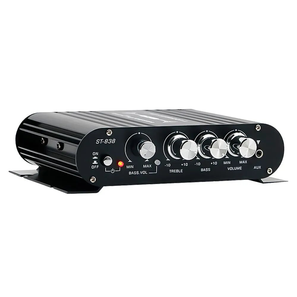 Усилитель звука ST-838, 2.1 канала, Hi-Fi, алюминиевый корпус, чёрный цвет, входное напряжение 12 В