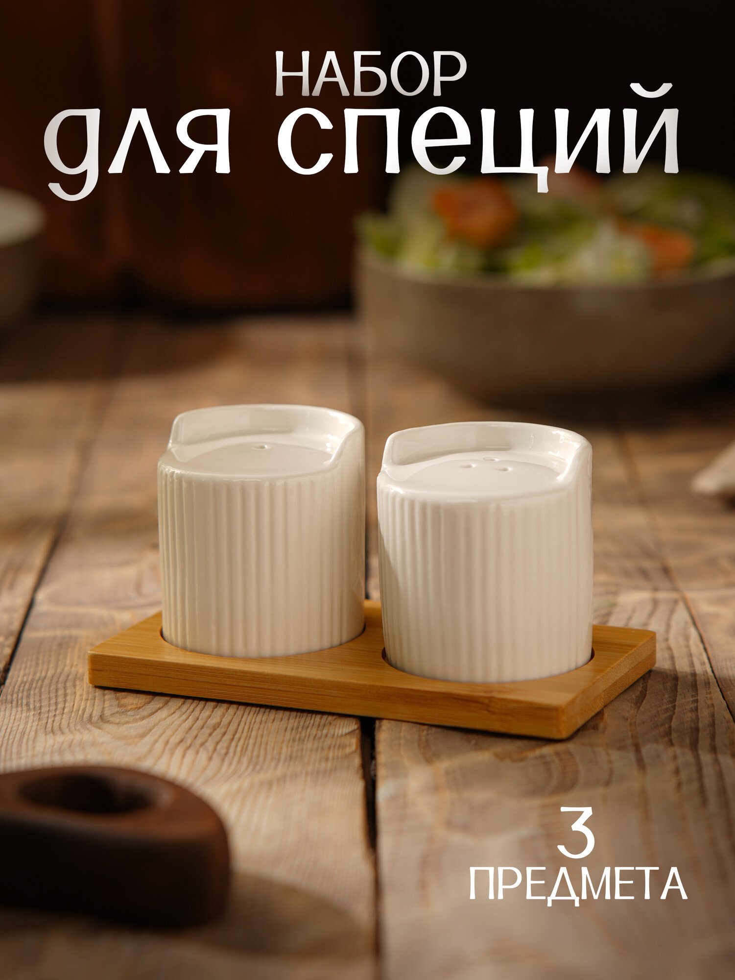 Набор для специй BellaTenero «Эстет. Грани», солонка, перечница 100 мл, на бамбуковой подставке, фарфор, белый