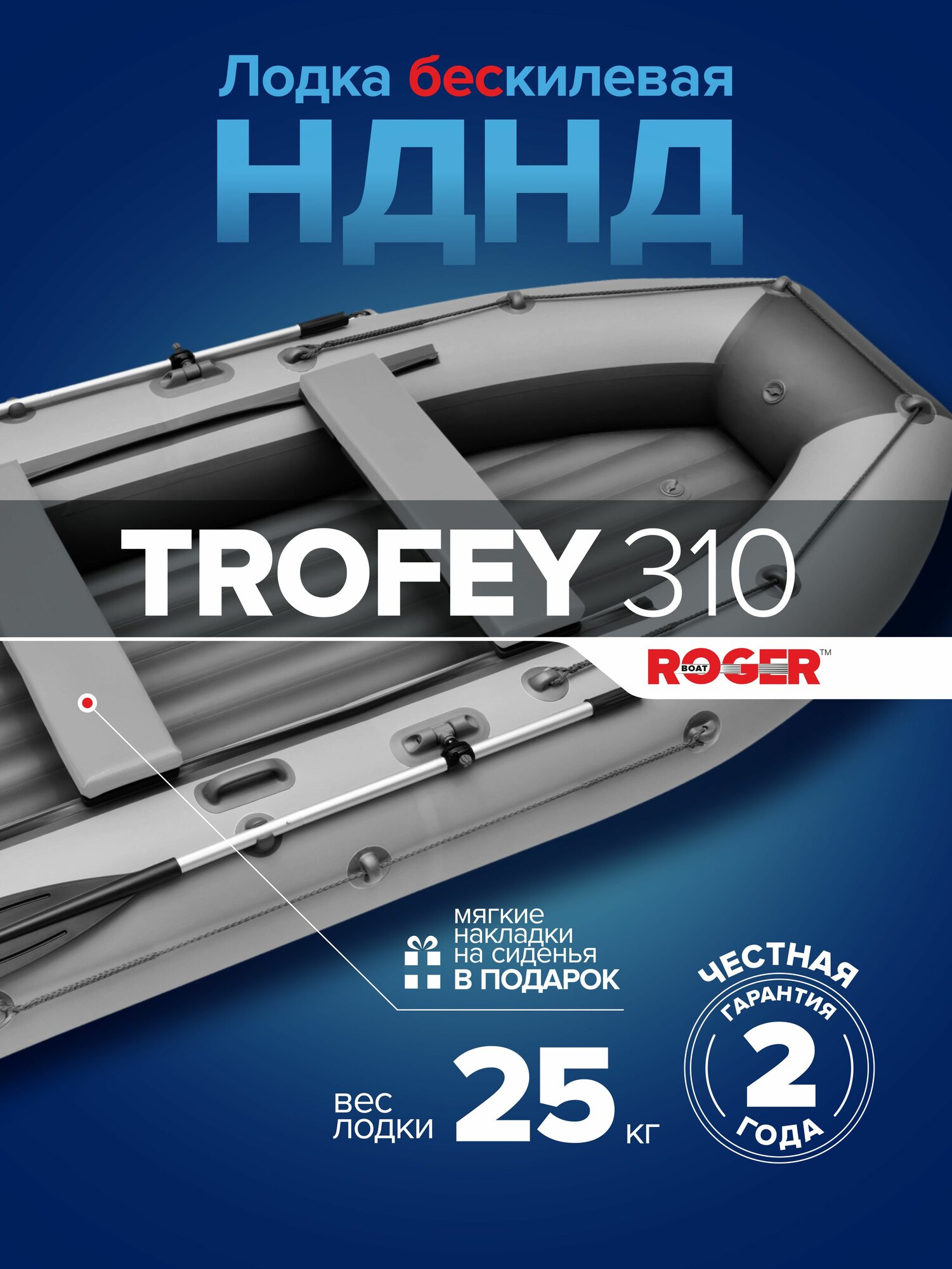 Лодка ПВХ под мотор НДНД ROGER Trofey 310, лодка надувная для рыбалки роджер (серый графит)