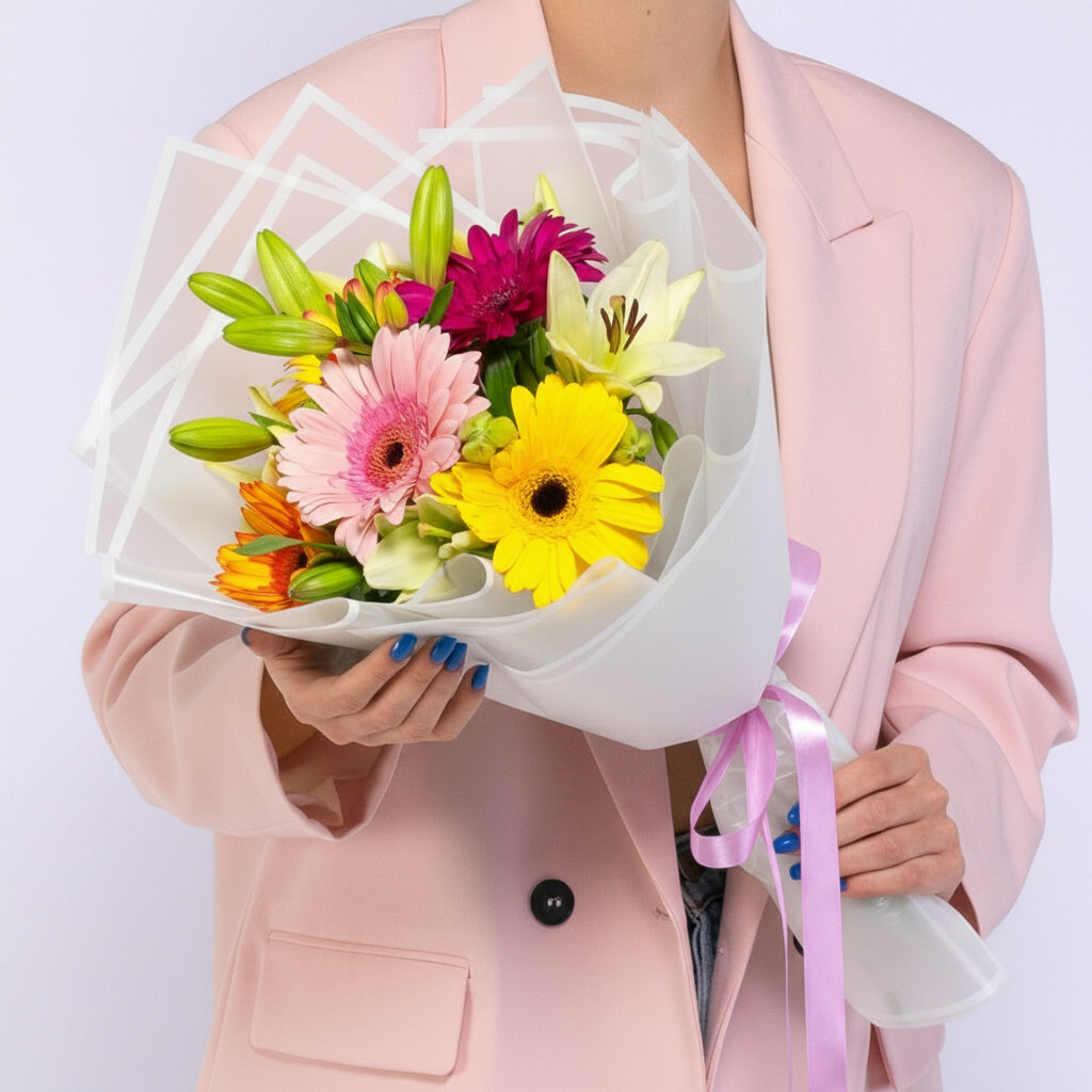 Дуо-букет Мегацвет24 "Герберы и лилии", мини, сборка в дизайнерскую упаковку