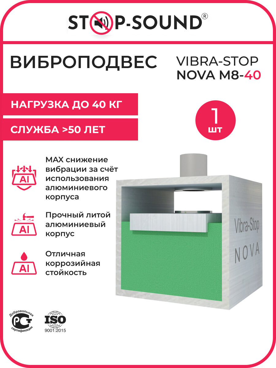 Виброподвес Vibra-Stop NOVA M8-40, 1 шт, до 40 кг, для кондиционеров, вентиляции, оборудования, труб, AL корп, эластомер