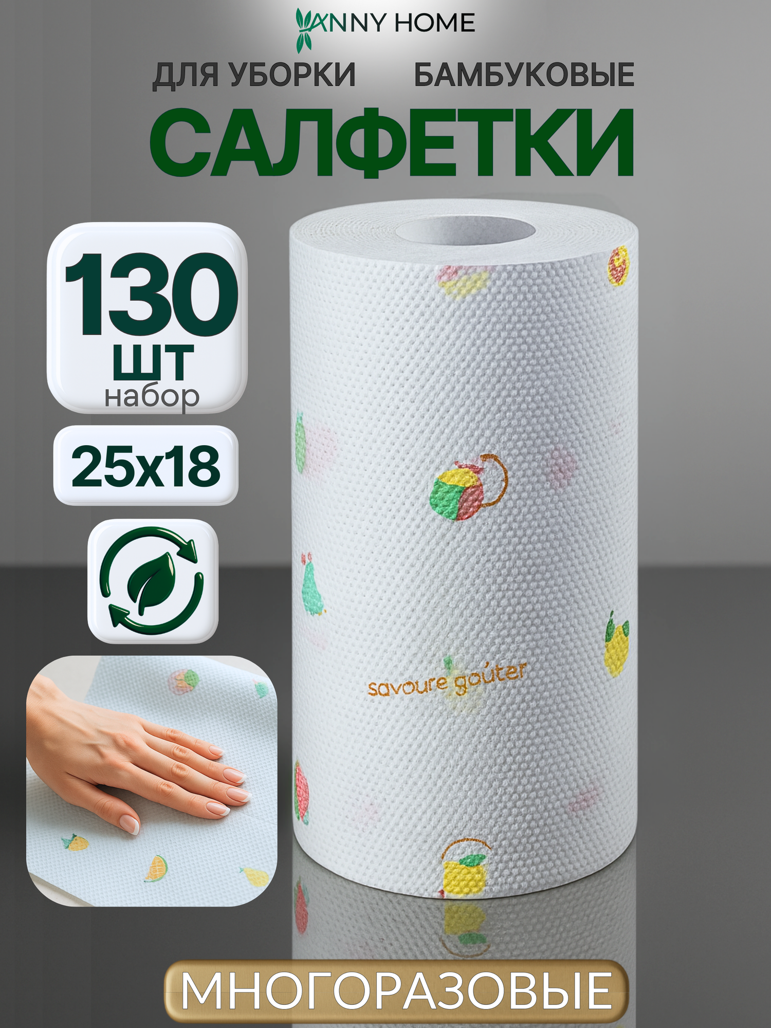 Салфетки тканевые для уборки в рулоне 18*24 см 130 шт, многоразовые безворсовые салфетки