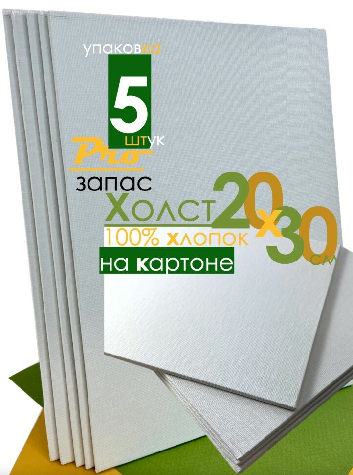 Холст 20х30 см, Комплект 5 штук на картоне, хлопок Пинакс, мелкозернистый, 280 гр/м2