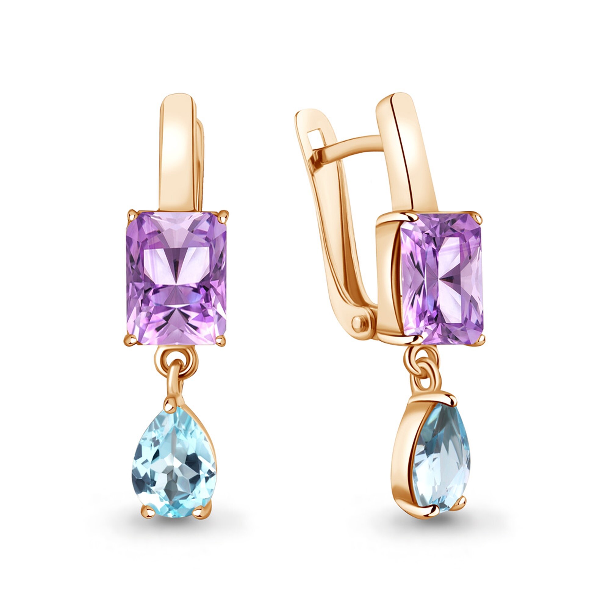 Серьги, серебро, 925 проба, золочение, аметист, топаз