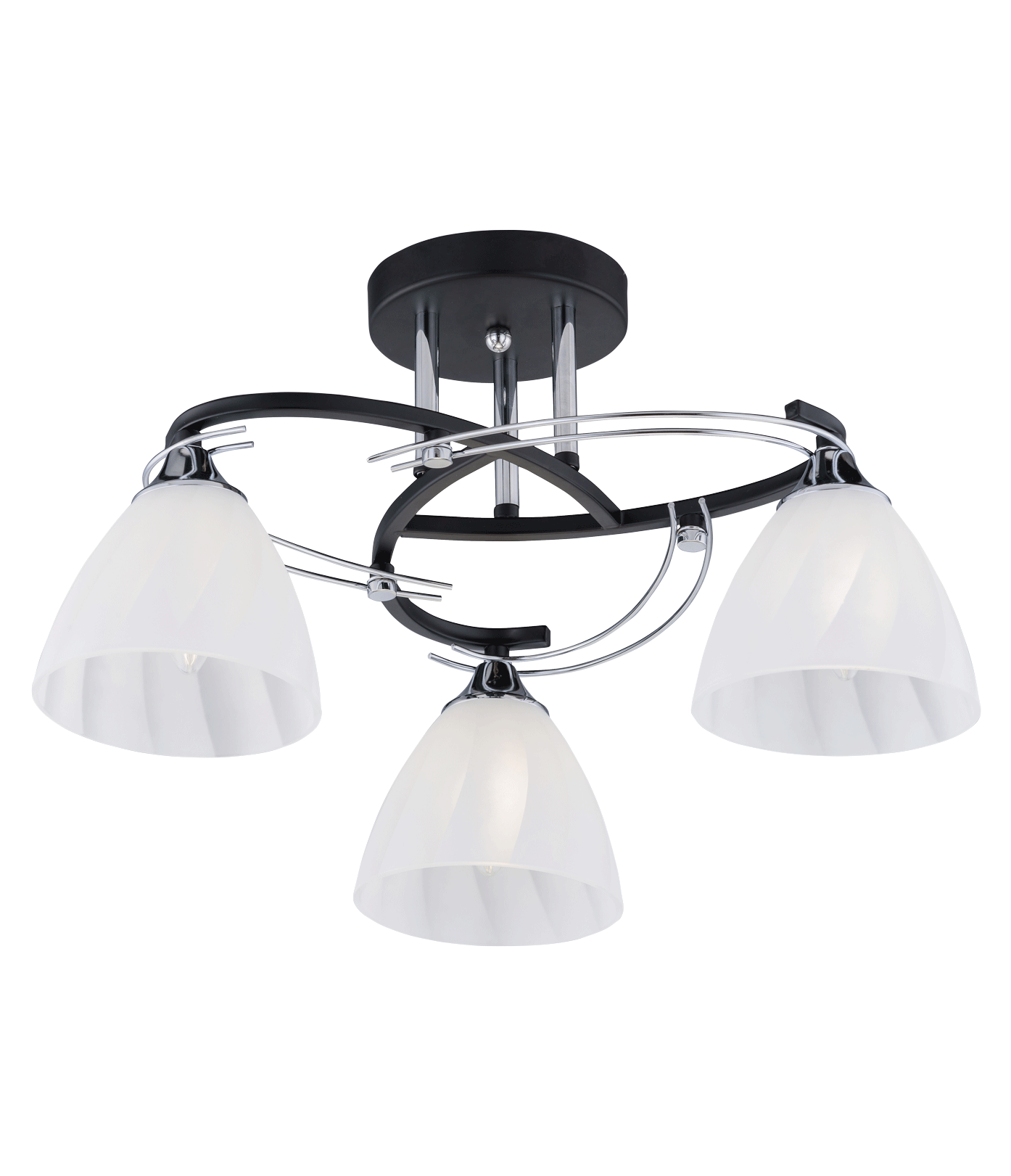 Люстра черная+хром потолочная с белыми матовыми плафонами на 3 лампы E27