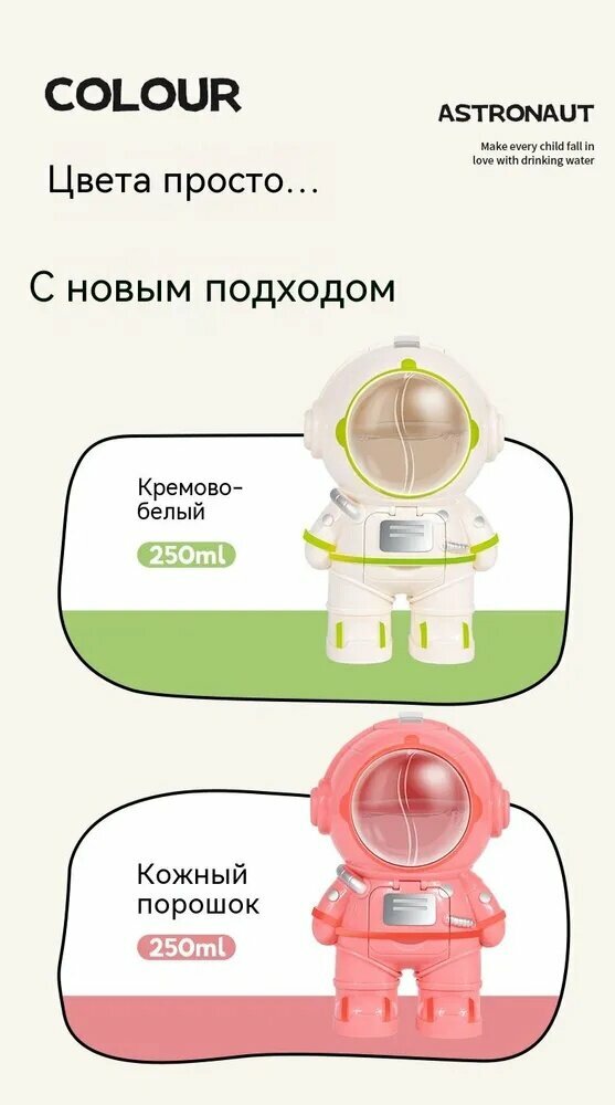 Бутылочка с трубочкой в форме космонавта, 250 мл, розовая, детская, в виде игрушки.