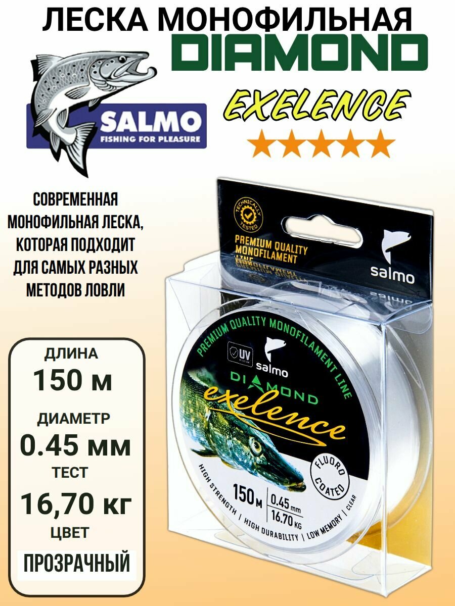 Леска монофильная Salmo Diamond EXELENCE с флюорокарбоновым покрытием 0.45мм 150м (прозрачная)