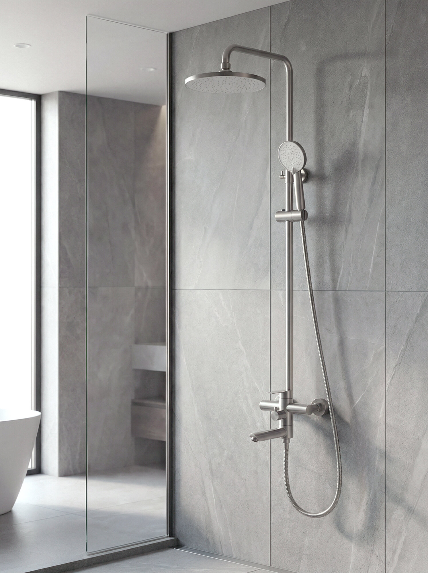 Душевая система со смесителем нержавеющая сталь, сатин. Тропический душ