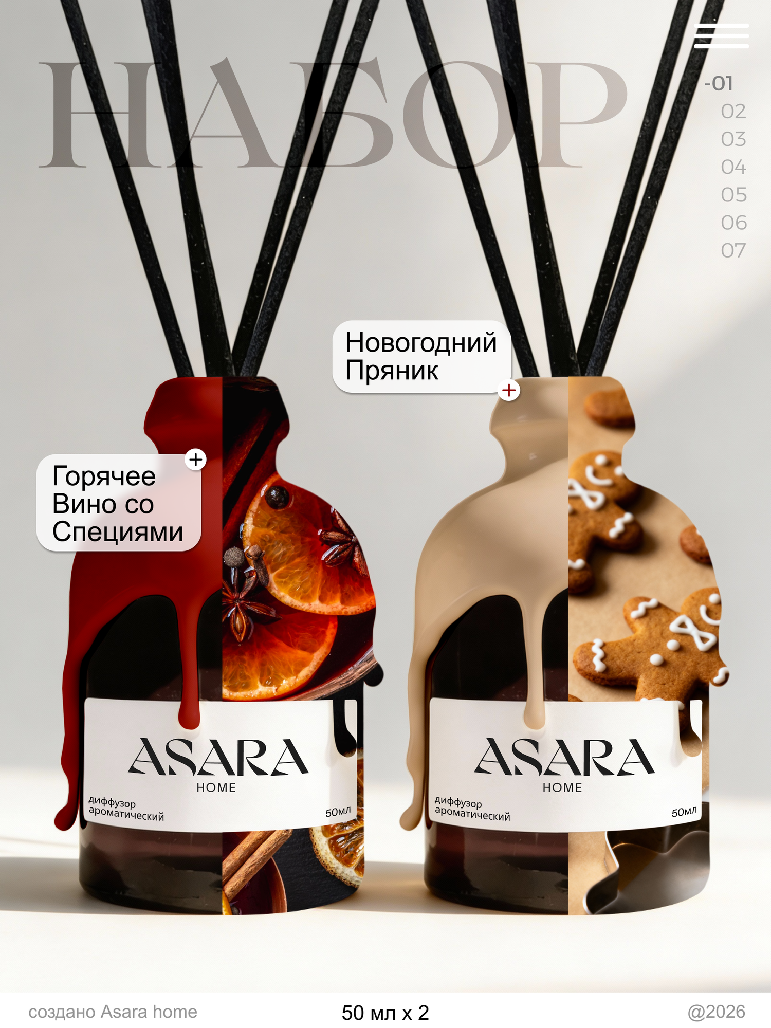 Диффузор для дома набор с палочками 2 штуки с ароматами глинтвейна и имбирного пряника
