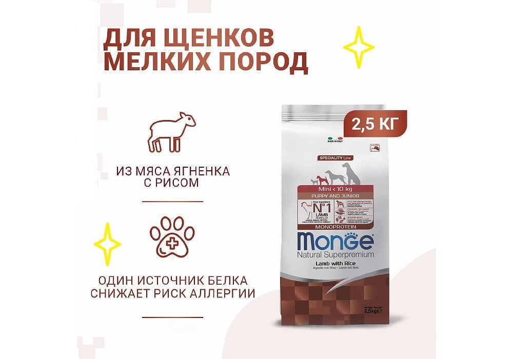 Корм для Щенков всех пород МINI Mongе Specialit Puppy, ягненок с рисом и картофелем 2.5 кг