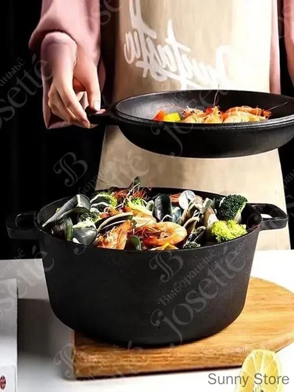 Чугунный казан-сковорода 5 литров с крышкой, для газовой плиты, индукции и открытого огня