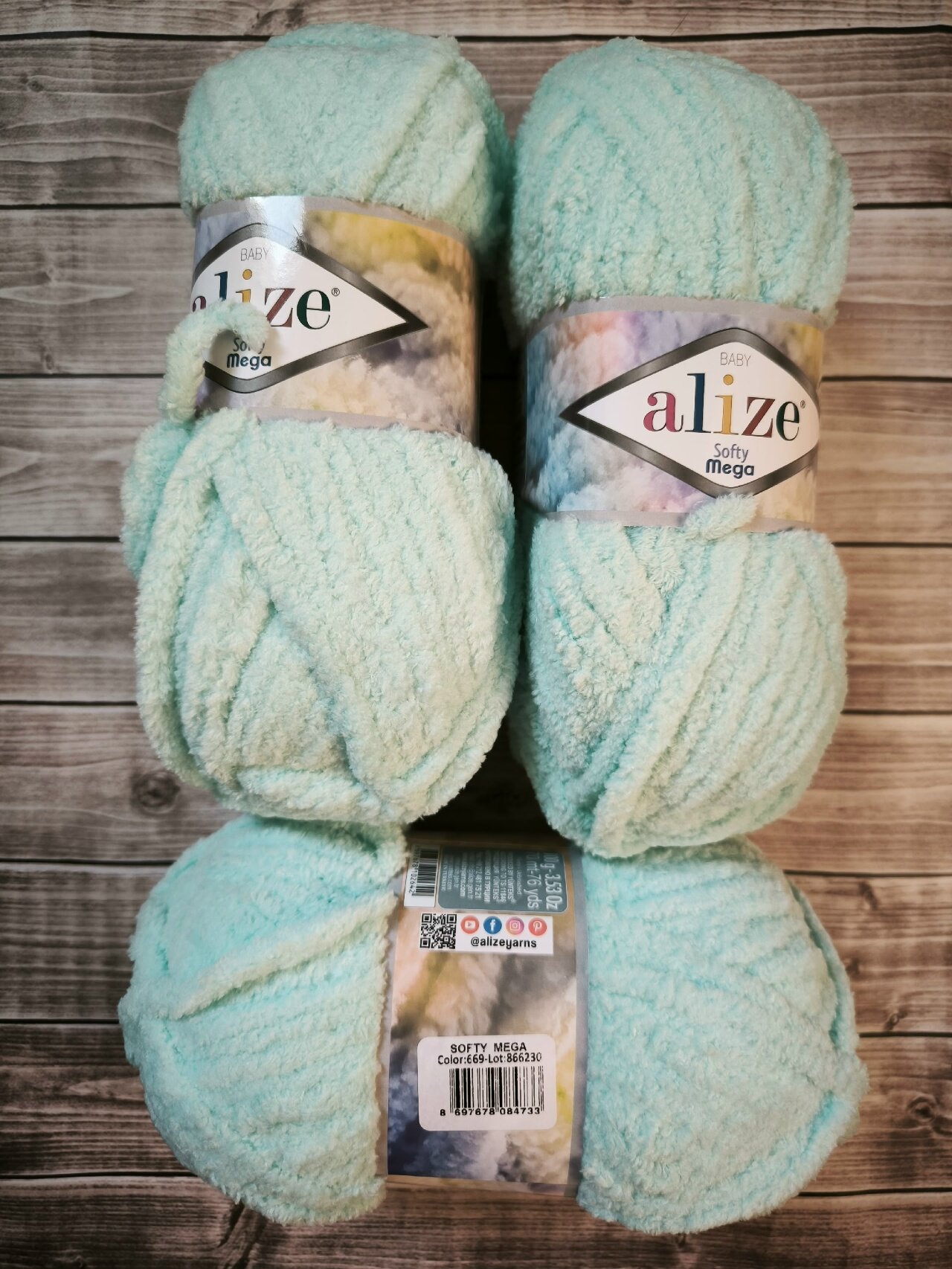 Пряжа Alize Softy Mega, цвет 669 светлая бирюза, набор 3 мотка, вес мотка 100 гр, длина нити 70 м (Ализе Софти Мега)