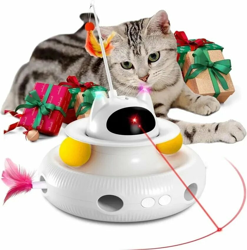 Интерактивная игрушка для кошек и котят, 4 в 1 (Трек, Лазер, Летучие перья, Мяч)