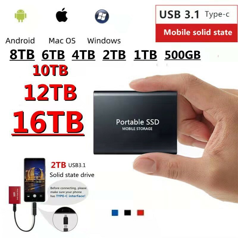 Трансграничная внешняя торговля: высокоскоростной SSD-накопитель для мобильных устройств 16 ТБ, 8 ТБ, 4 ТБ, 2 ТБ, 1 ТБ, доставка в тот же день.