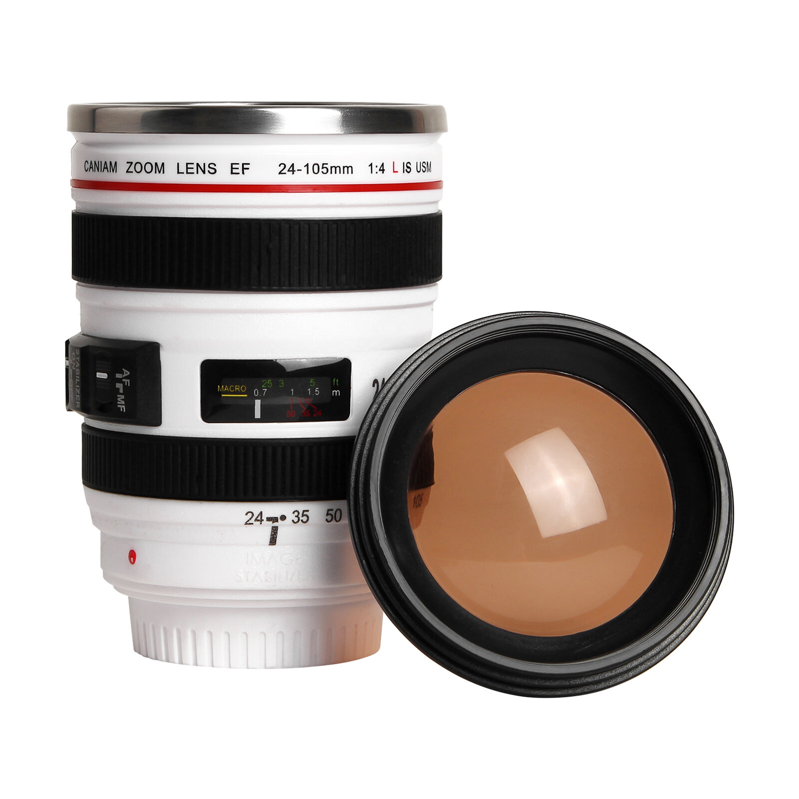 Кружка для кофе в виде объектива камеры EF24-105mm из ABS, силикона и нержавеющей стали, черный/белый, объем 400мл, размер 14.6*8.3*8.3см, вес 230г, герметичная, для путешествий, бутылка для воды, набор в упаковке 1 шт.