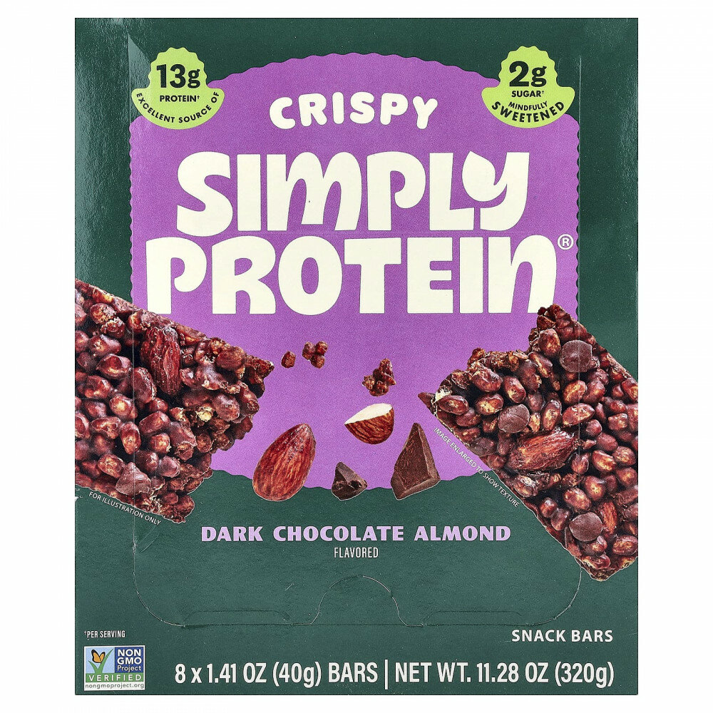 Simply Protein, хрустящие батончики, темный шоколад и миндаль, 8 батончиков по 40 г (1,41 унции)