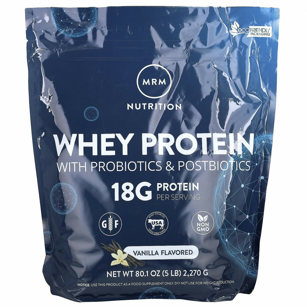 MRM Nutrition, сывороточный протеин с пробиотиками и постбиотиками, ваниль, 2270 г (5 фунтов)